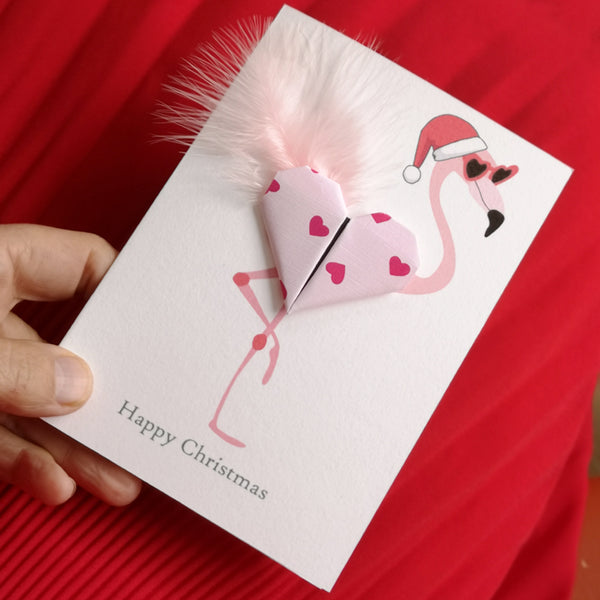 Flamingo Origami Heart Christmas Card - Hello Ruth